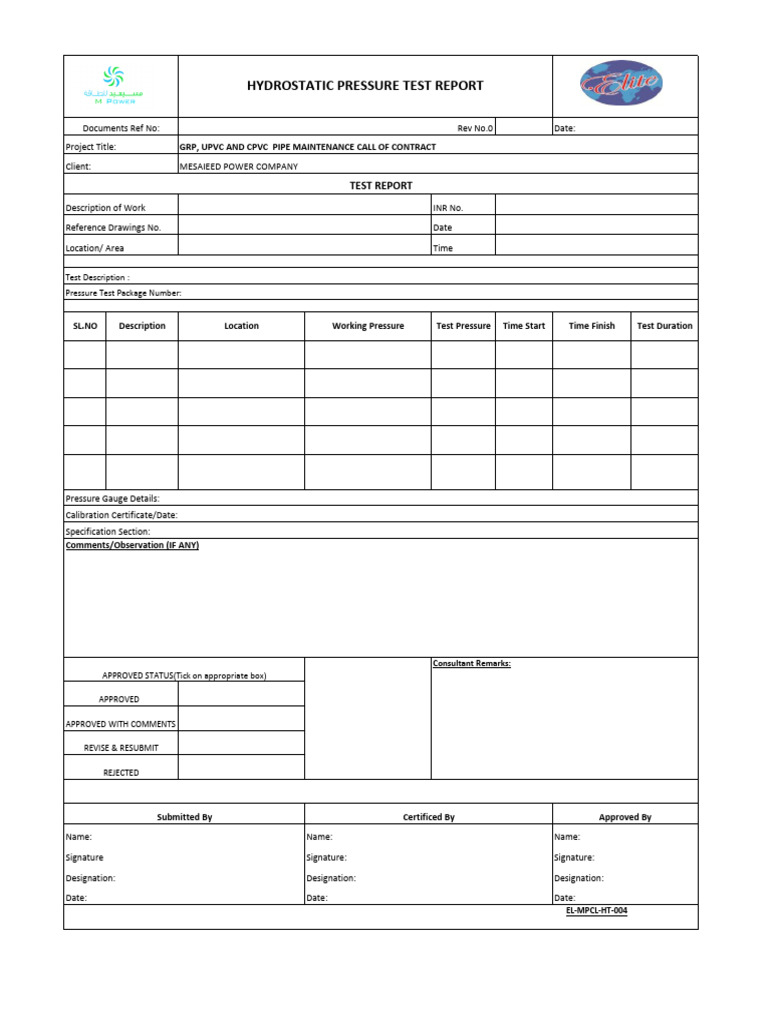 Hydrostatic Pressure Test Report | PDF