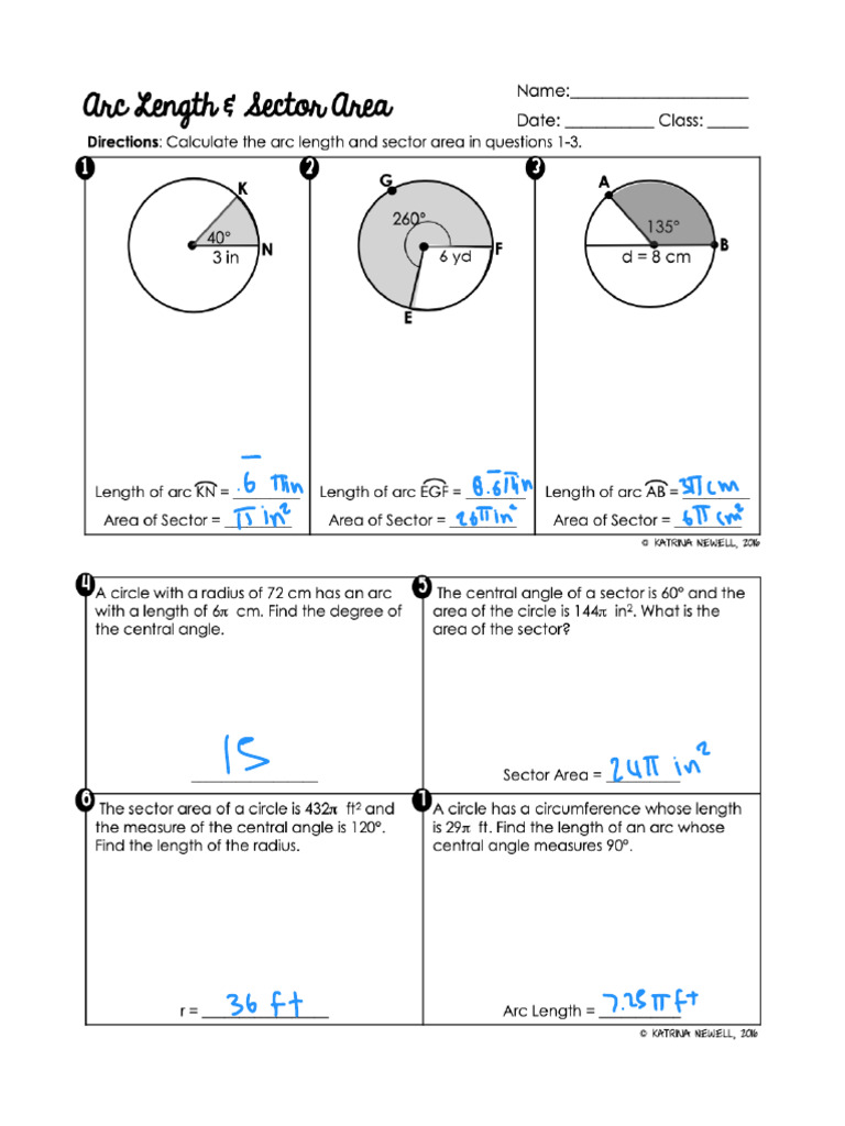 WU Arc+Length+and+Sector+Area+One+Sheet | PDF