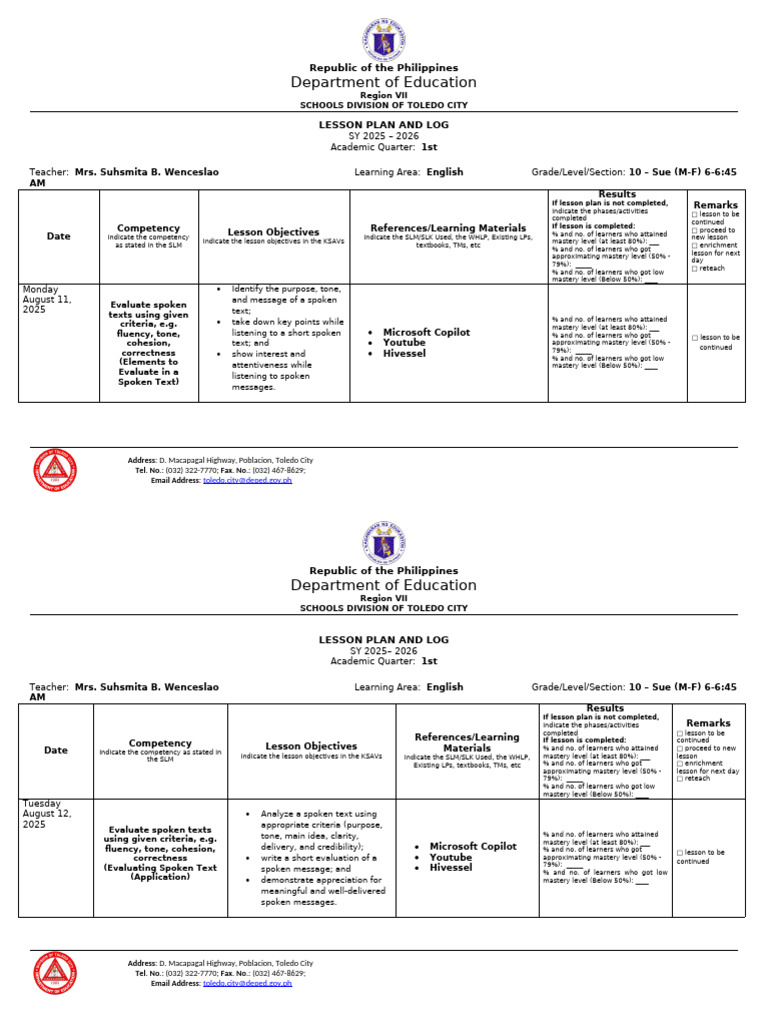 Grade 10 English Lesson Plan 2025-2026 | PDF | Lesson Plan | Pedagogy