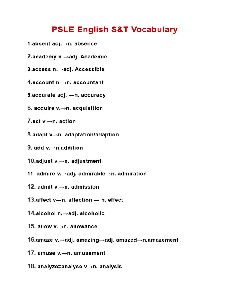 PSLE English Vocabulary List PDF | PDF