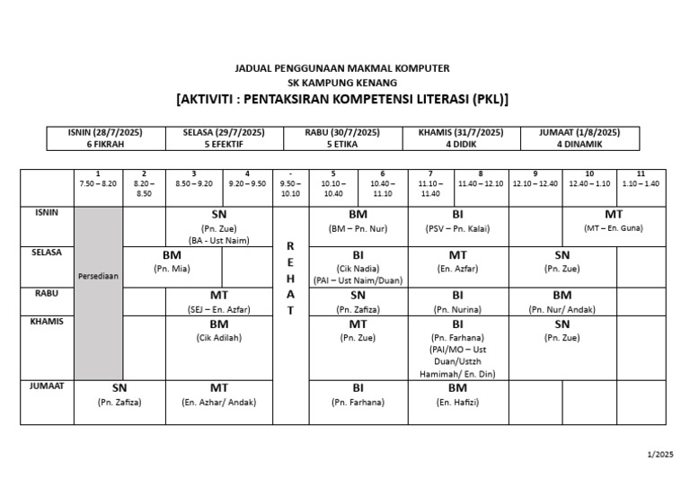 Jadual PKL SK KG Kenang 2025 | PDF