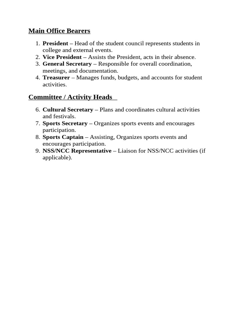 Student Council Roles and Responsibilities | PDF | Sports | Budget