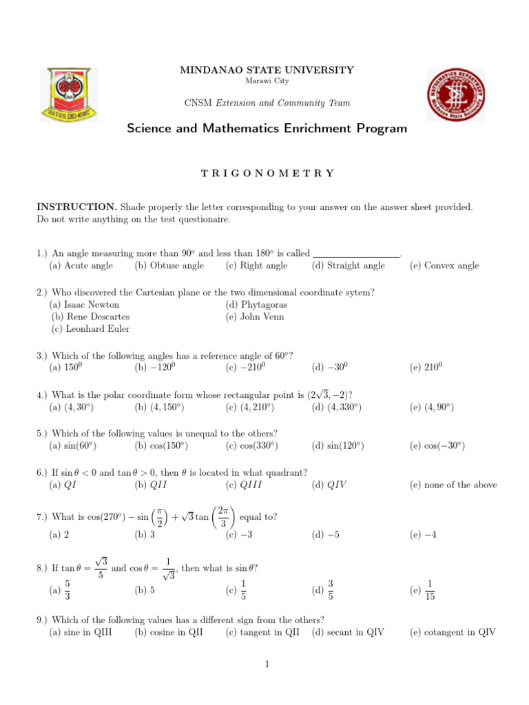 Trigonometry Review Questions | PDF | Trigonometric Functions ...