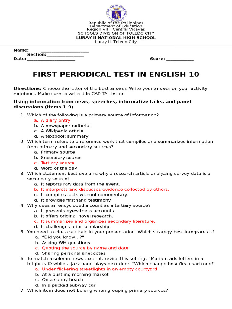 English 10 First Periodical Test | PDF | Plot (Narrative) | News
