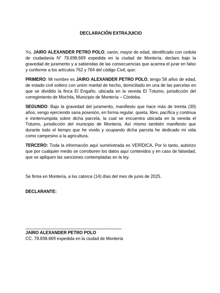 Declaracion Extrajucio - Jairo Alexander Petro Polo - Parcela Finca El ...