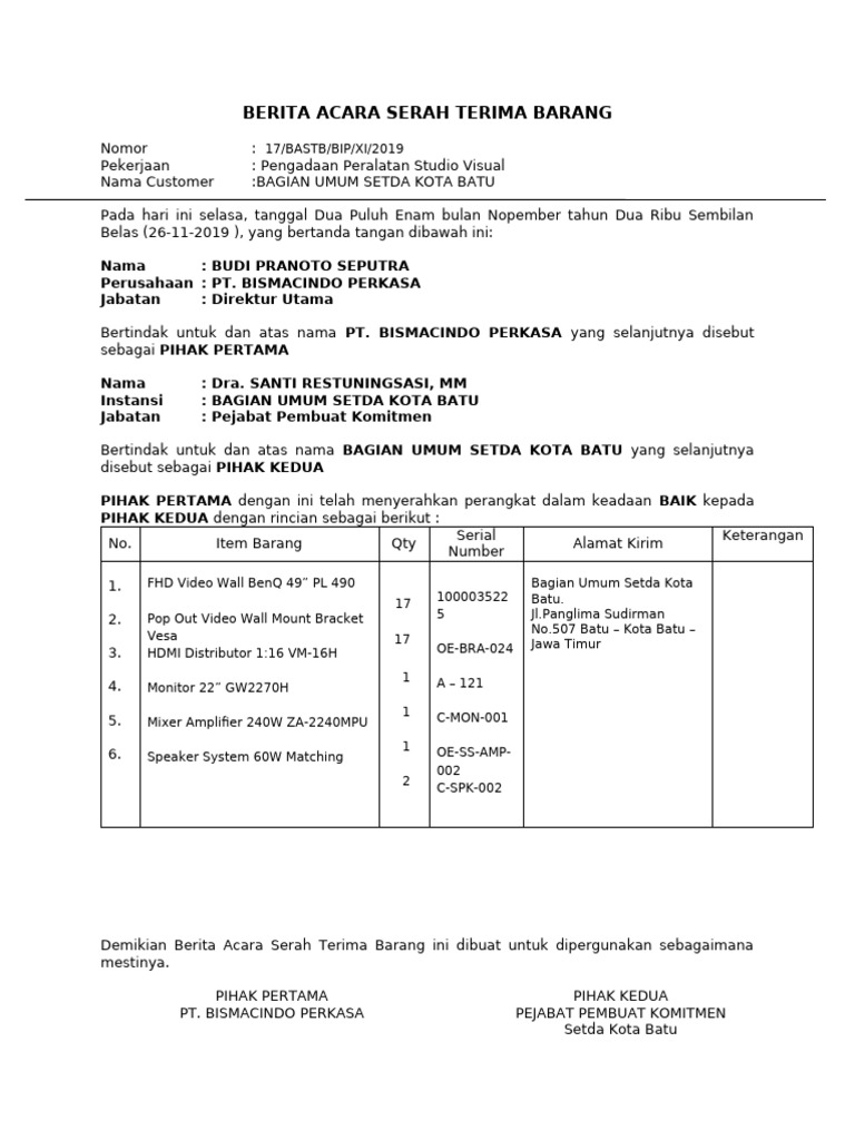 Serah Terima Peralatan Studio Visual | PDF