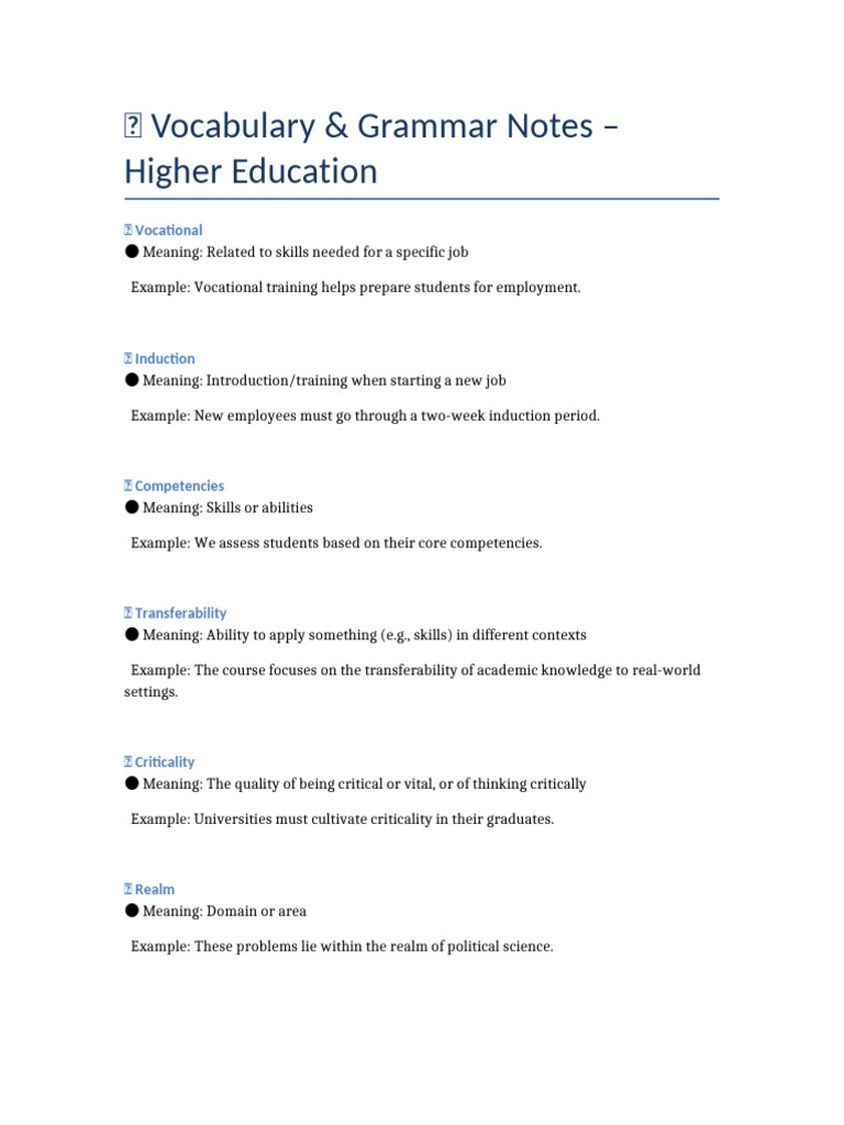 Vocabulary Grammar Higher Education Listings | PDF | Vocational ...