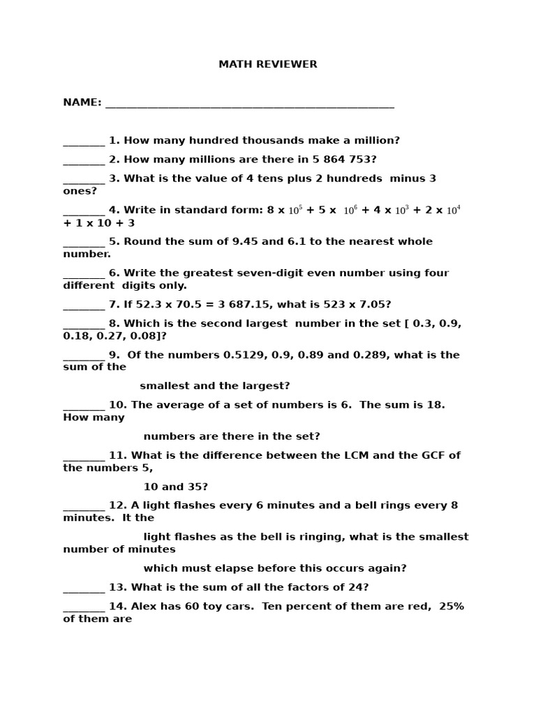 Math 5 Reviewer with Solutions | PDF | Area | Elementary Mathematics