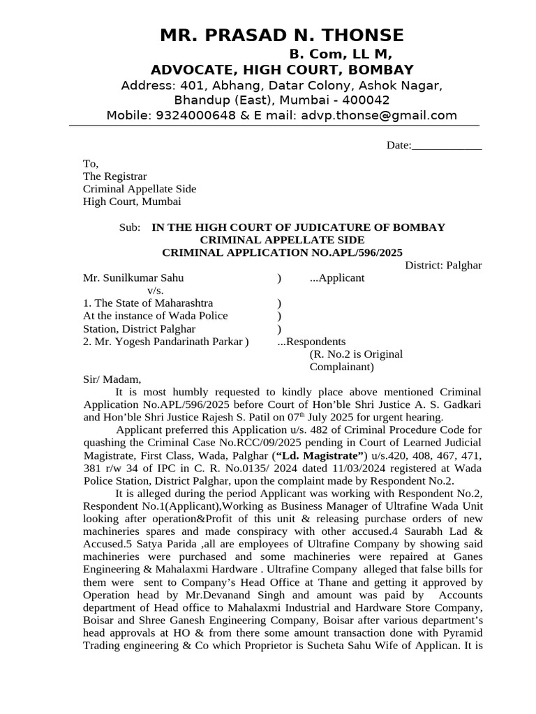 1 Praecipe of Sunil Sahu High Court Quashing Application-Final | PDF ...