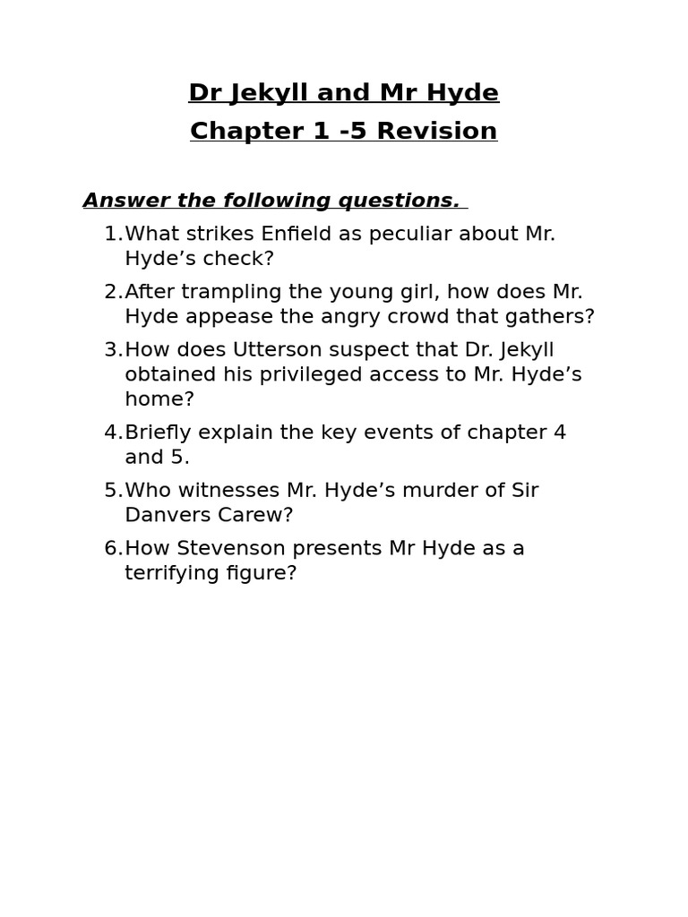 W7 - DR Jekyll and MR Hyde Chap 1-5 Revision With Answers | PDF ...