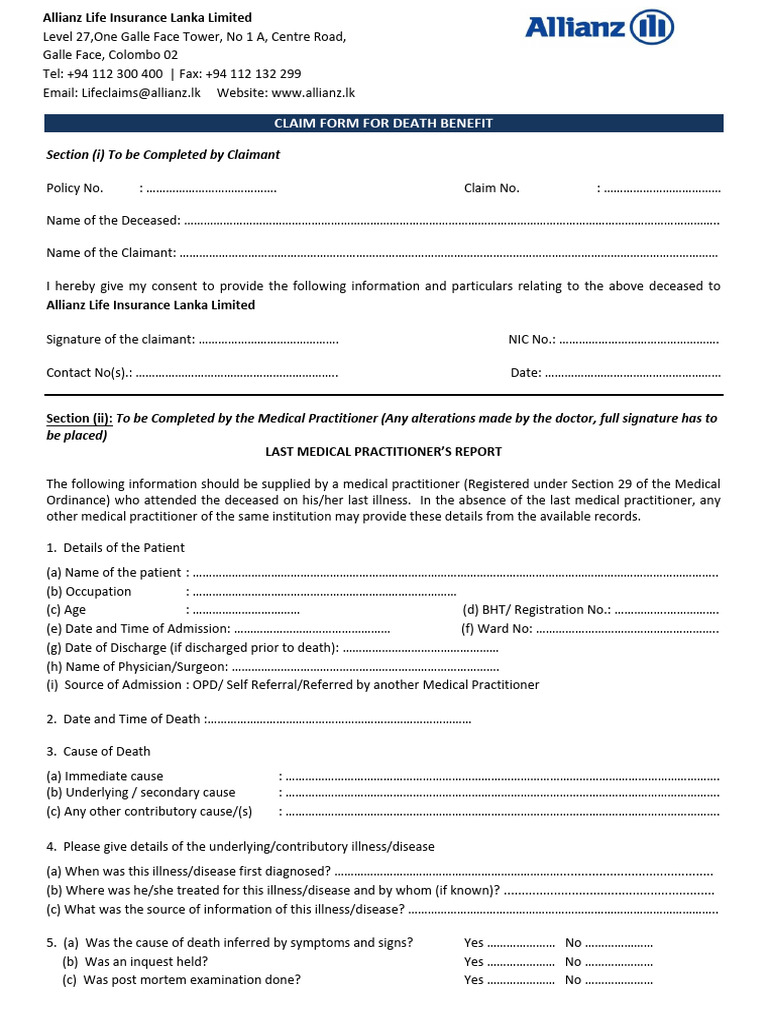 Claim Form For Death Benefit | PDF | Physician | Health Care