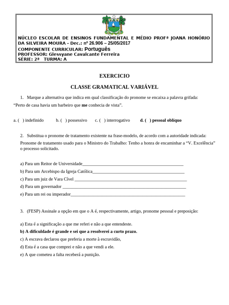 Exercícios de Gramática: Pronomes e Numerais | PDF | Pronome | Linguística