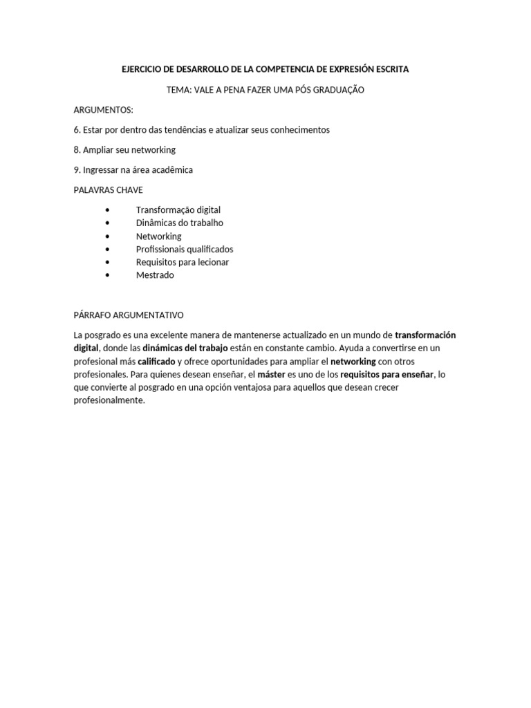 Ejercicio de Desarrollo de La Competencia de Expresión Escrita | PDF