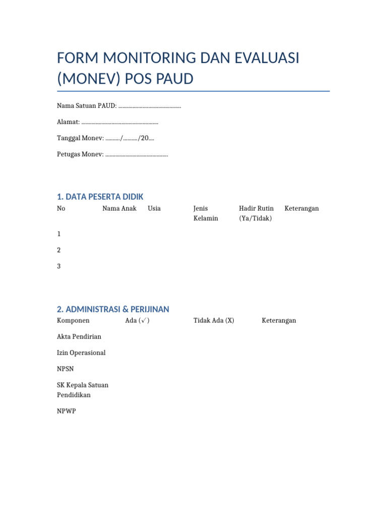 Form Monev Pos Paud | PDF