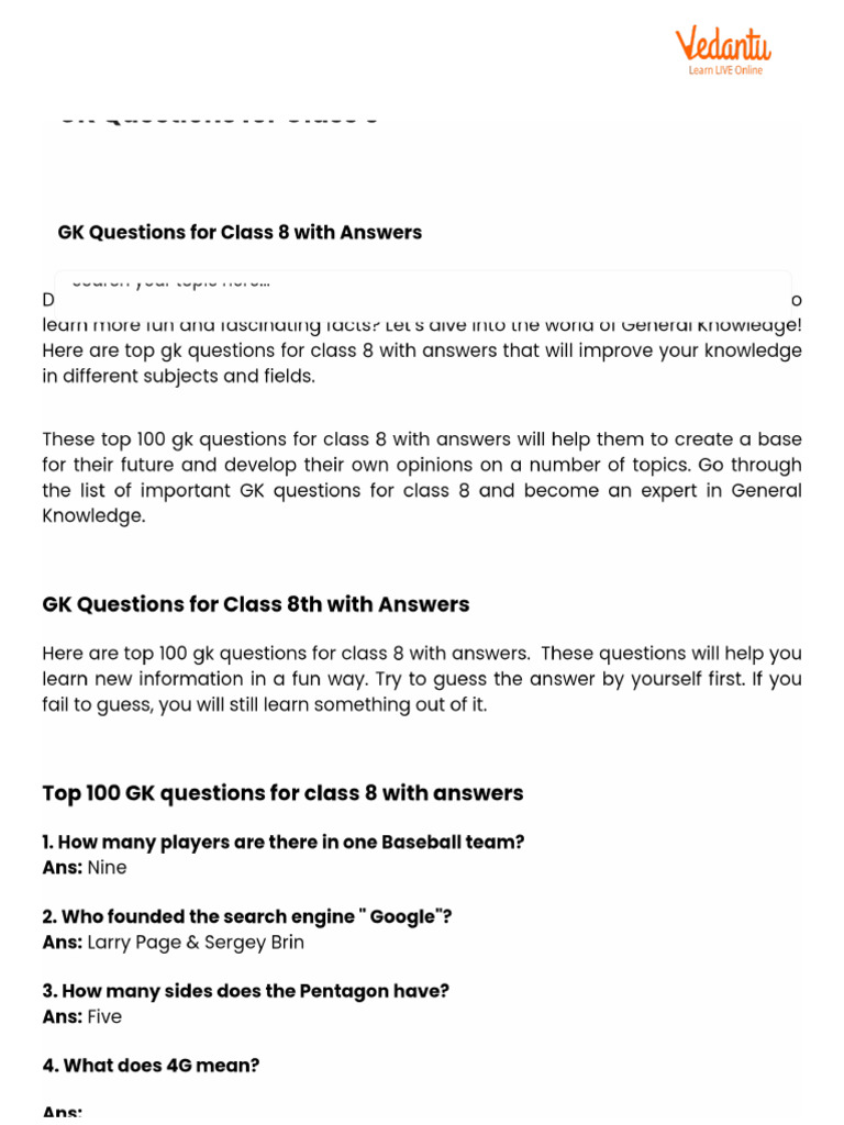 GK Questions For Class 8 | PDF