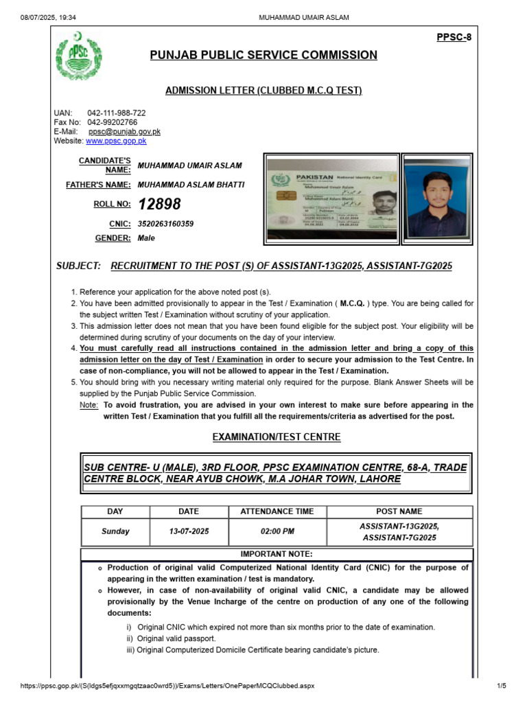 PPSC Admission Letter for Assistant Exam | PDF | Multiple Choice