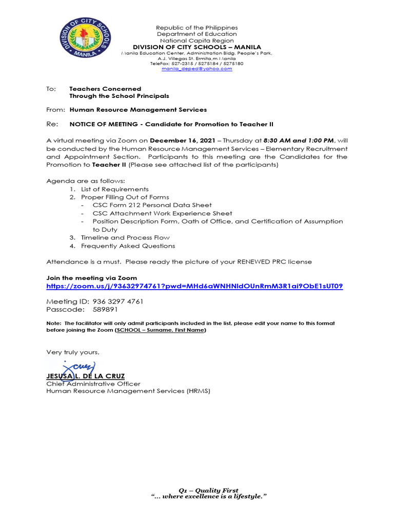 Teacher II Promotion Meeting Notice | PDF | Manila | Philippines