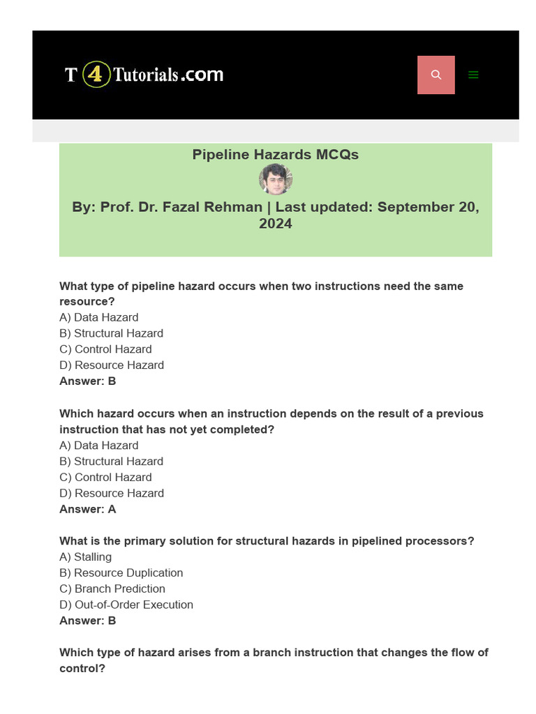 t4tutorials.compipeline Hazards Mcqs (1) | PDF | Cpu Cache | Central Processing Unit