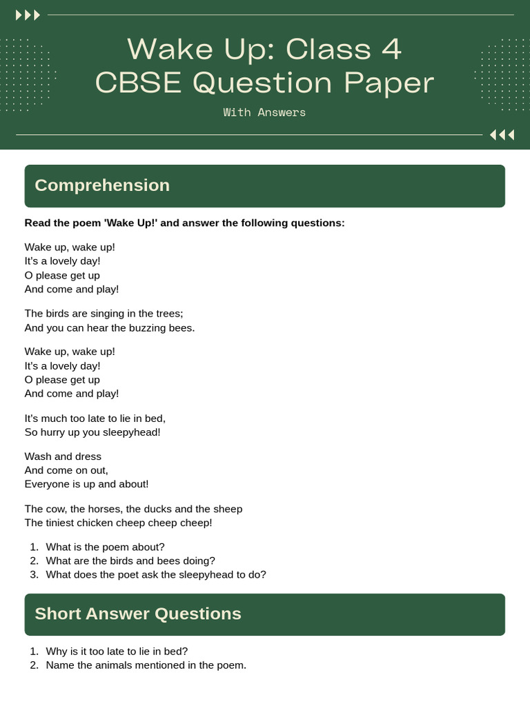 Wake Up Class 4 CBSE Question Paper | PDF