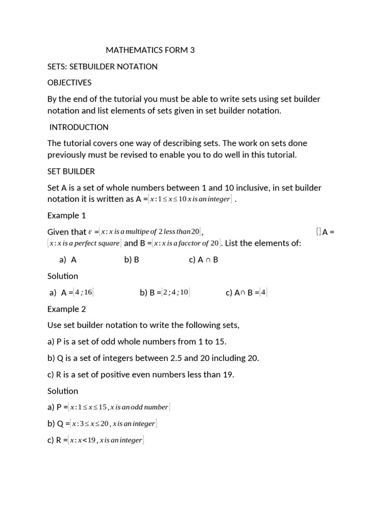 Algebra, Set Builder Notation f3 | PDF