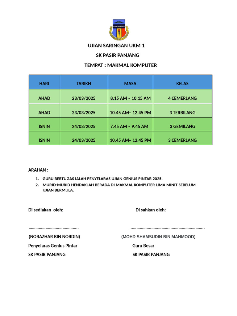 Jadual Ujian Genius Ukm1 Mac 2025 PDF | PDF