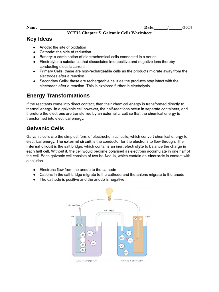 Galvanic Cells Worksheet for VCE12 | PDF | Anode | Electrochemistry