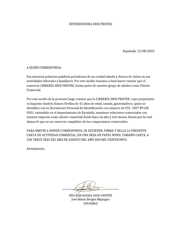 Carta de Actividad Comercial - Librería Dios Provee | PDF
