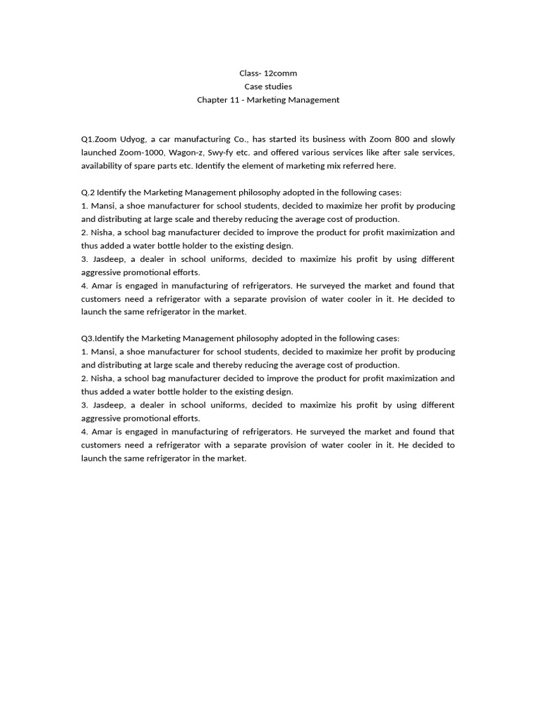 Marketing Management Case Studies Class 12 | PDF