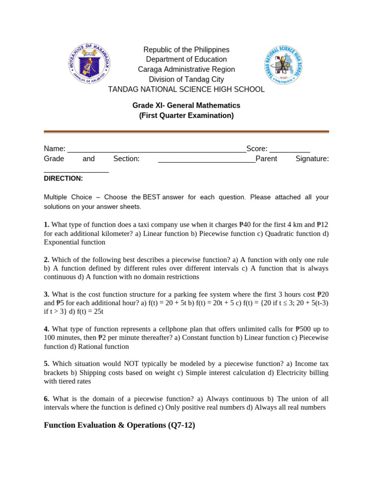 1st Quarter Genmath 2026 | PDF | Function (Mathematics) | Equations