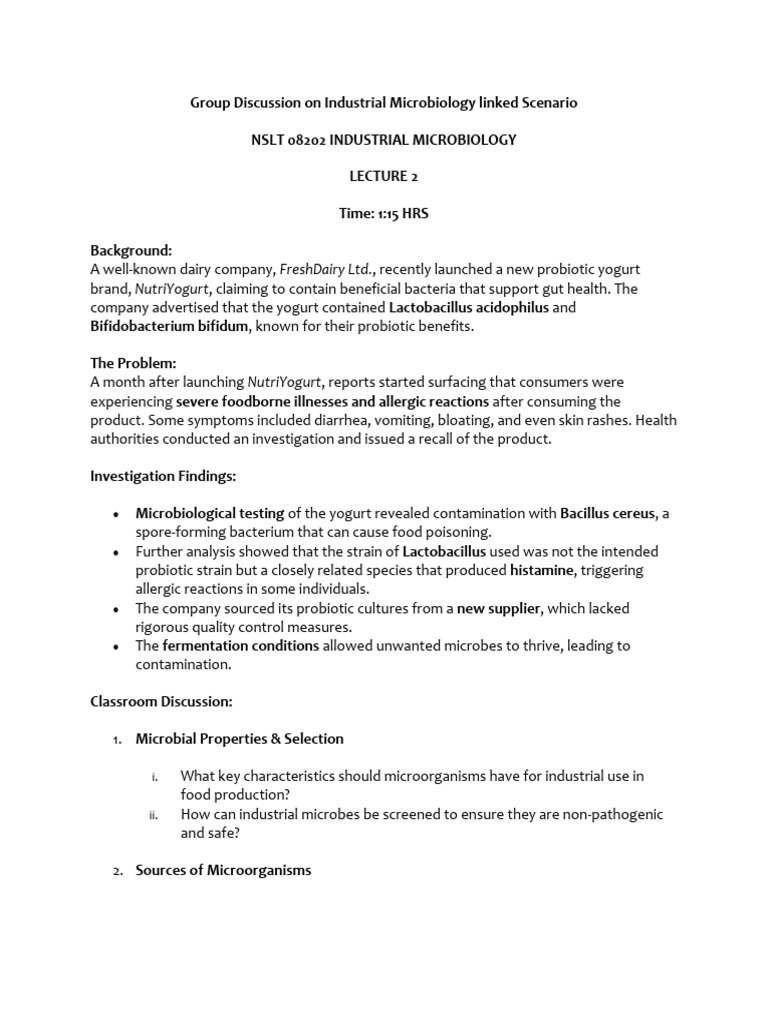 Industrial Microbiology Case Study: NutriYogurt | PDF | Probiotic ...