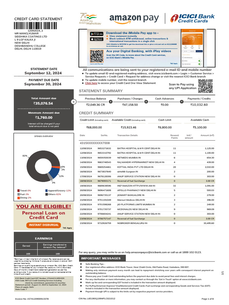 ICICI Amazon Credit Card Statement Summary | PDF | Credit Card | Payments