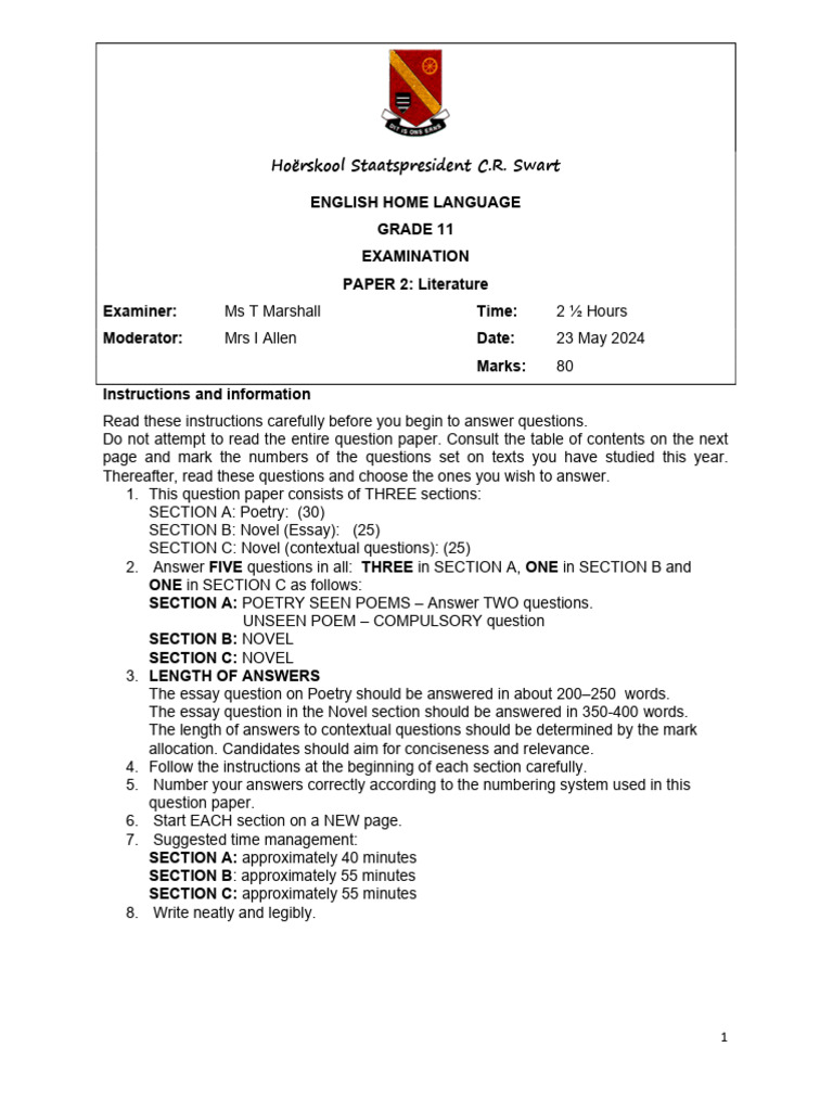 Grade 11 English Literature Exam Paper | PDF | Masculinity