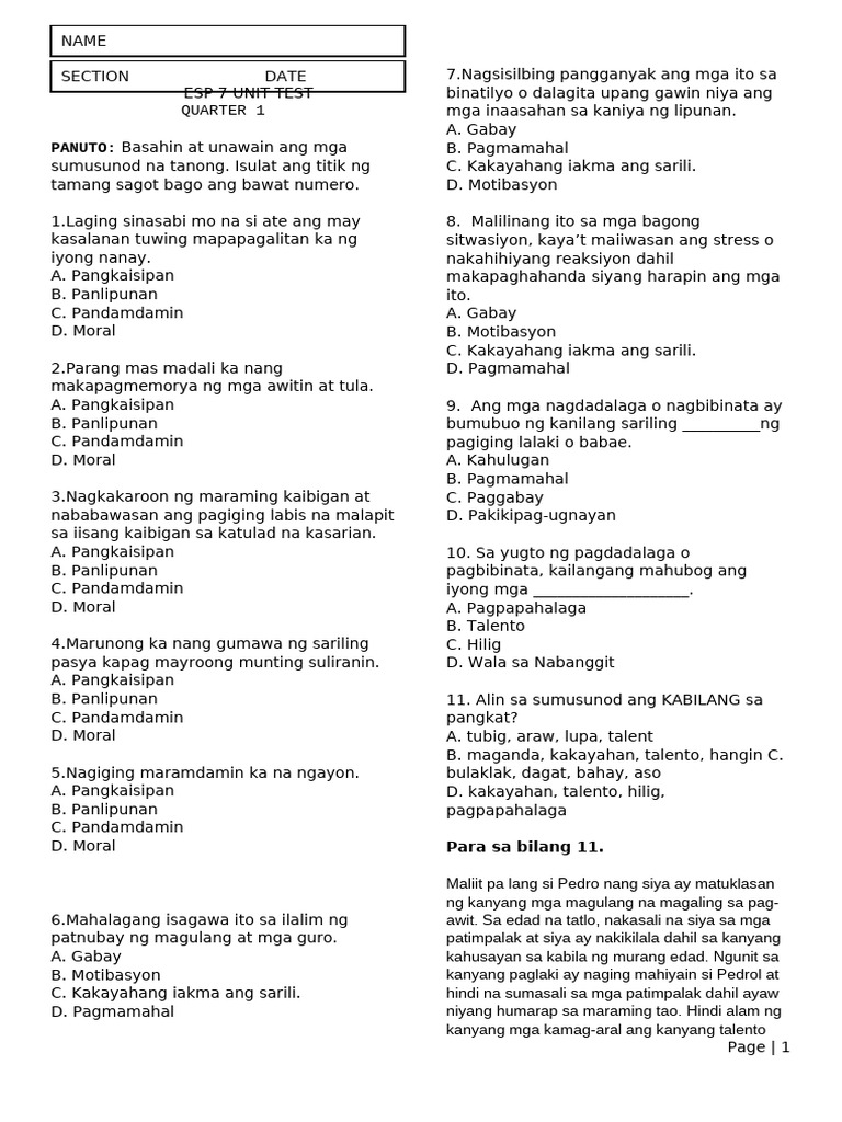 Esp 7 Quarter 1 Unit Test | PDF