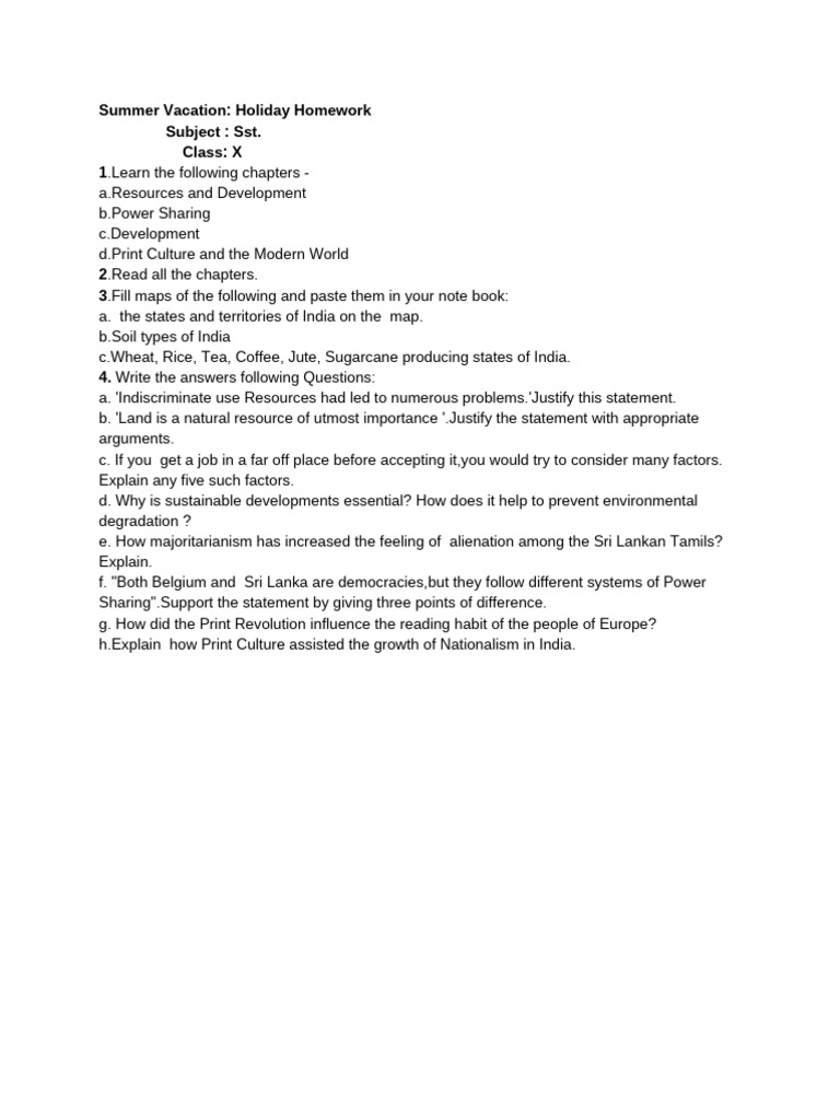 Class X-Holiday Homework (SST) | PDF
