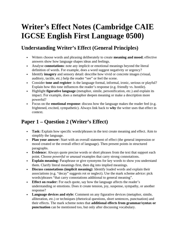 Writer's Effect Notes (Cambridge CAIE IGCSE English First Language 0500 ...