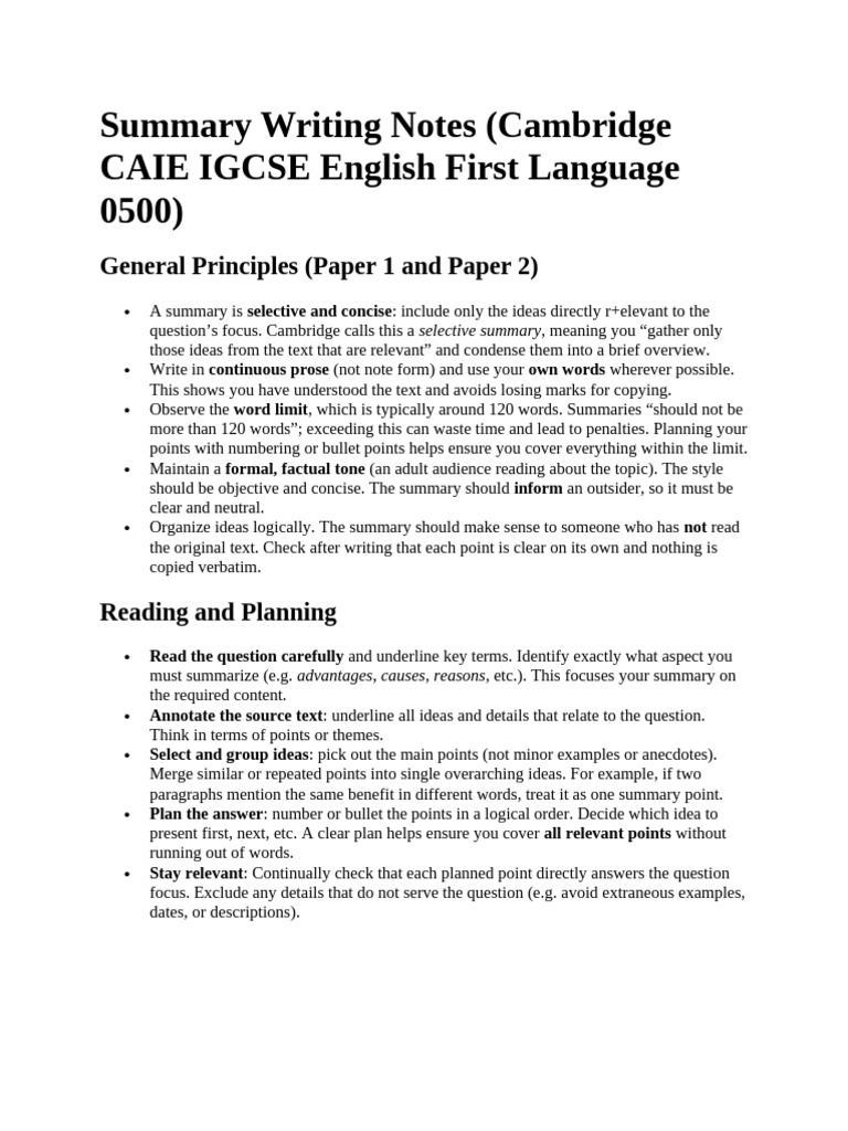 IGCSE Summary Writing Guidelines | PDF | Sentence (Linguistics) | Essays