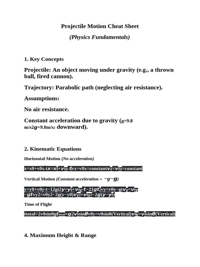 Projectile Motion Cheat Sheet | PDF