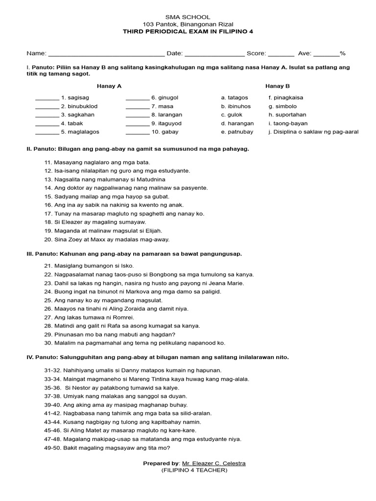 Exam Ni Kalbo (Mathematics and Filipino) | PDF