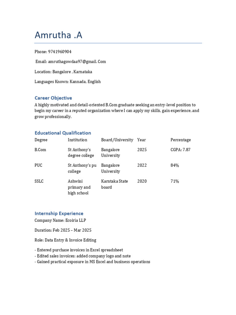 Amrutha .A New Resumee | PDF