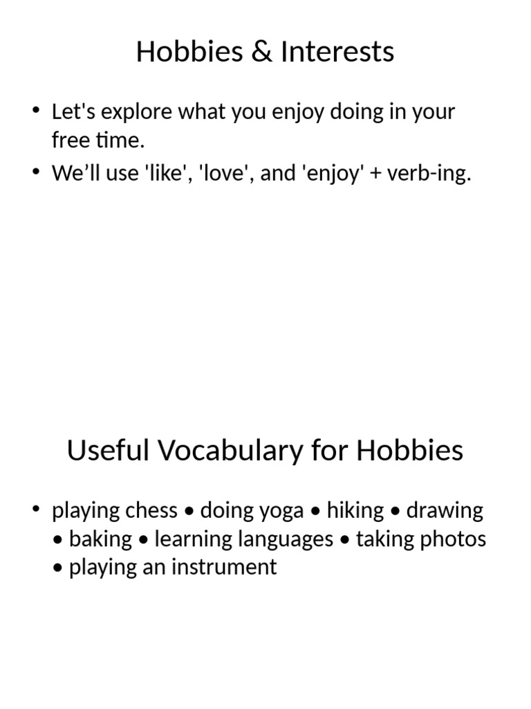 B1 Hobbies Like Verb Ing Private Lesson | PDF