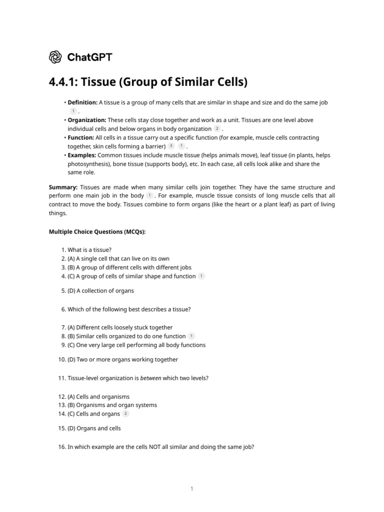 4.4.1 - Tissue (Group of Similar Cells) | PDF | Tissue (Biology ...