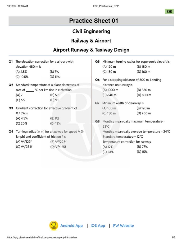 Airport Runway and Taxiway Design ESE Practice Sheet 01 | PDF
