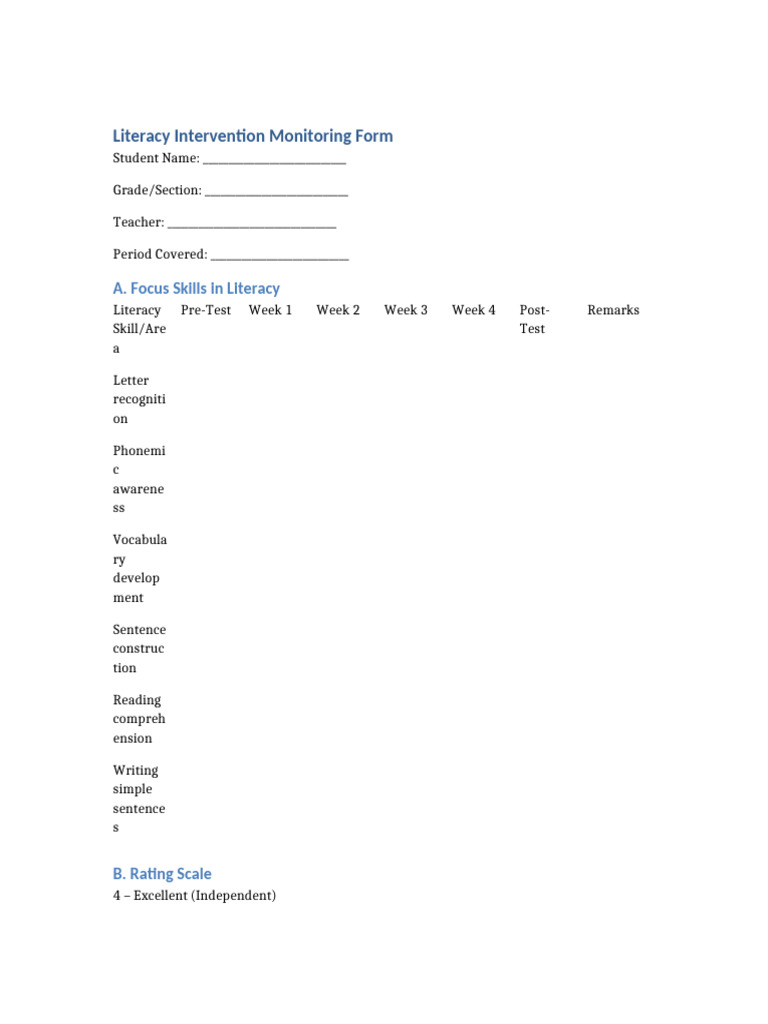 Literacy Intervention Monitoring Sheet | PDF