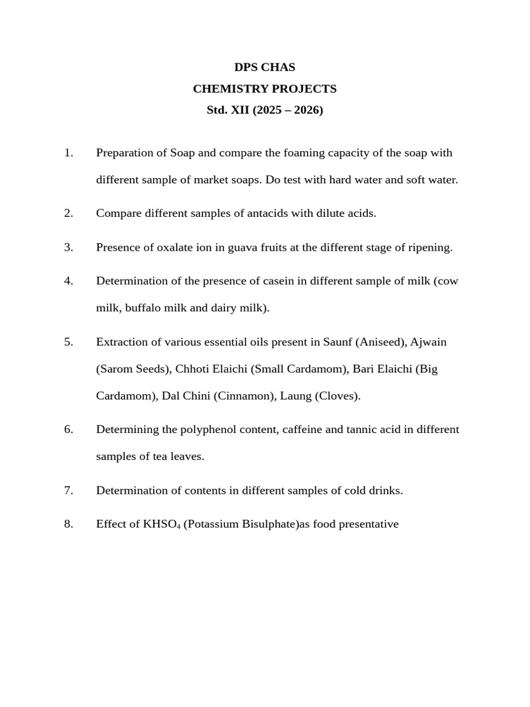 Chemistry Projects for Std. XII (2025-2026) | PDF