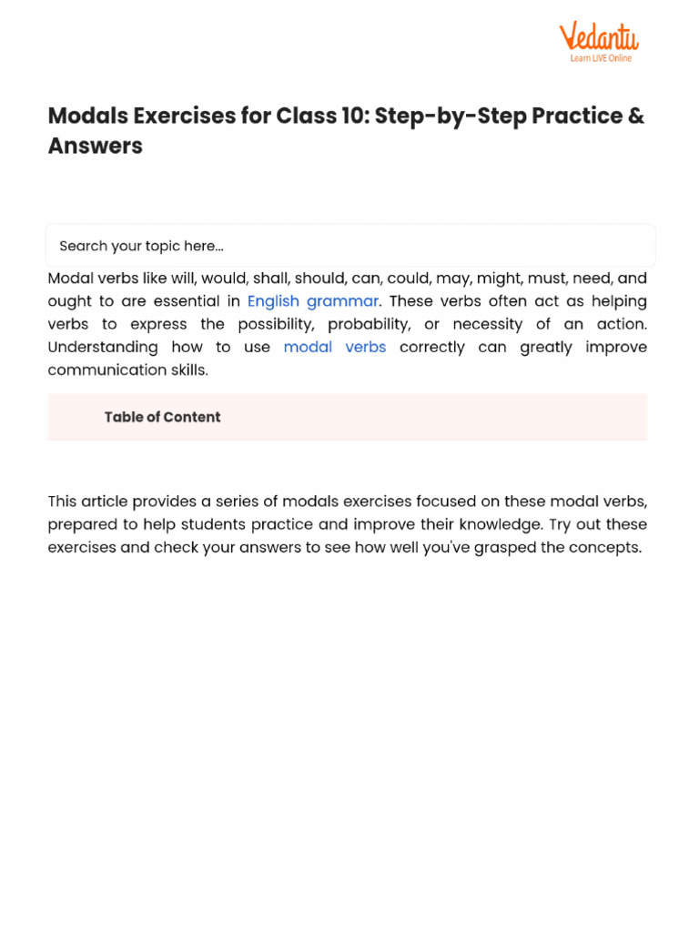 Modals Exercises For Class 10 - Step-By-Step Practice & Answers | PDF