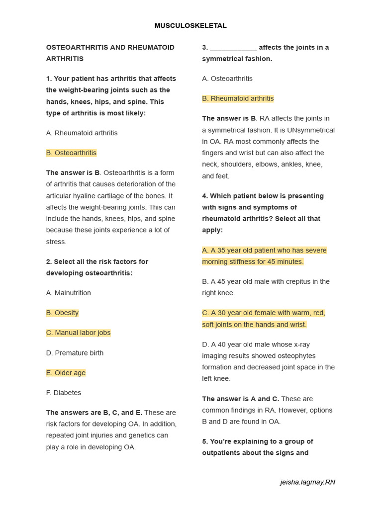 Osteoarthritis and Rheumatoid Arthritis NCLEX Review | PDF ...