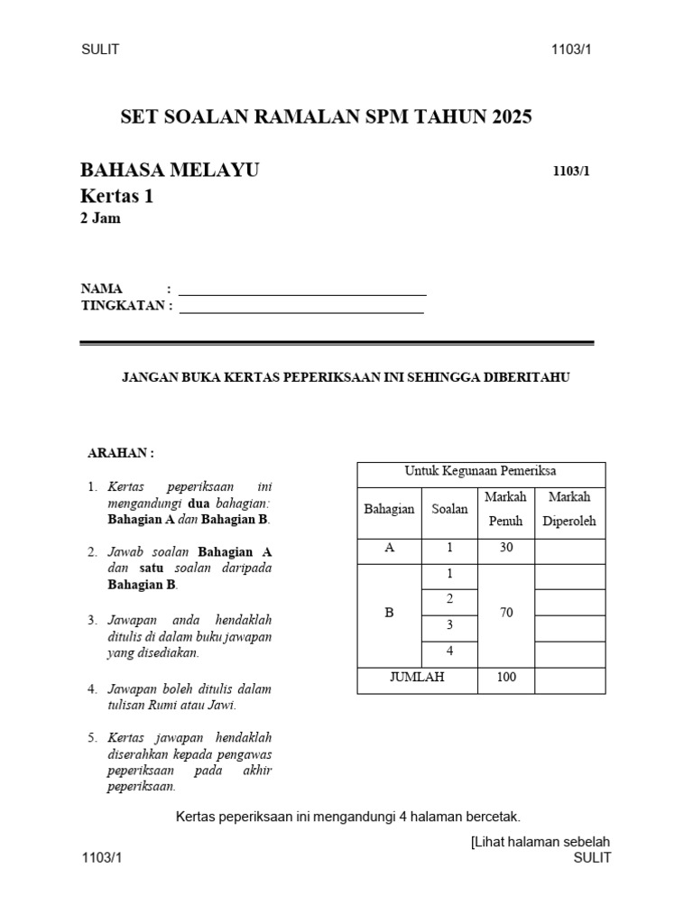 2025 K1 SET 1 Soalan Ramalan SPM BM 2025 | PDF