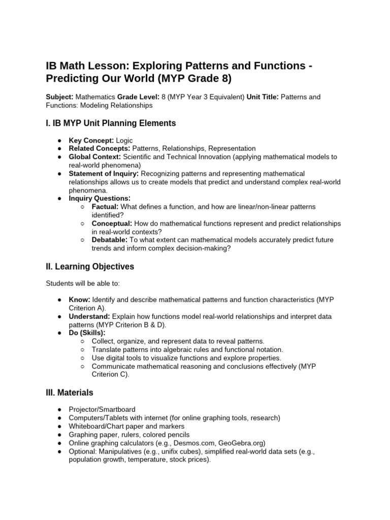 IB Math Lesson - Exploring Patterns and Functions - Predicting Our ...