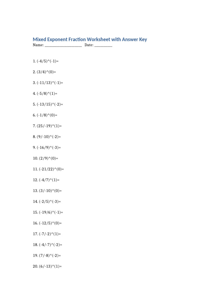 Mixed Exponent Fractions Worksheet | PDF