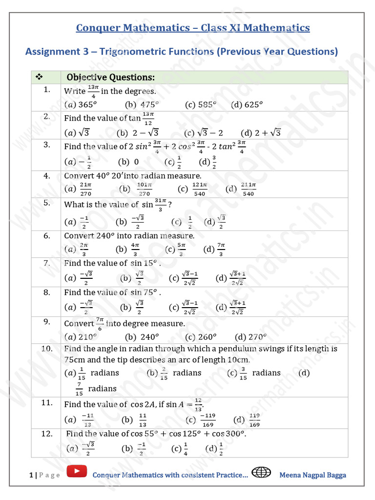 Trigonometric Functions Assignment XI | PDF | Elementary Mathematics ...